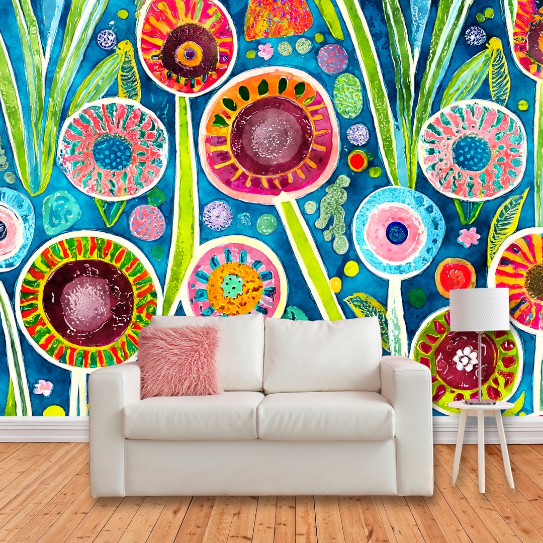 Funky Floral Wallpaper, Abstract Flower Wall Mural Wallpaper, Canvas ...
