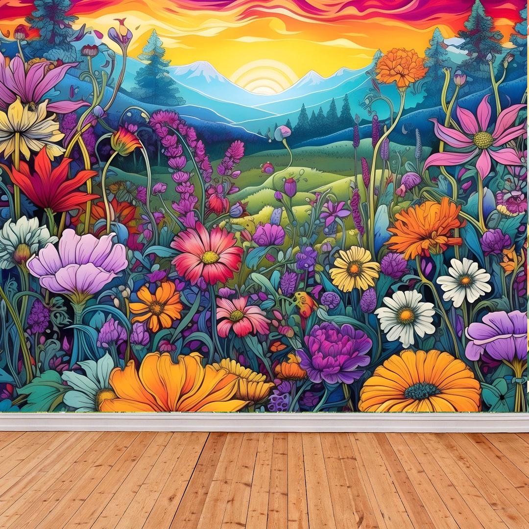 Wildflower Mural Wallpaper, Canvas Textured Vinyl Peel and Stick ...