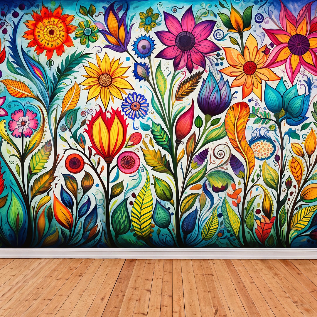 Wildflower Wallpaper Mural Boho Floral Peel and Stick Mural Wallpaper ...