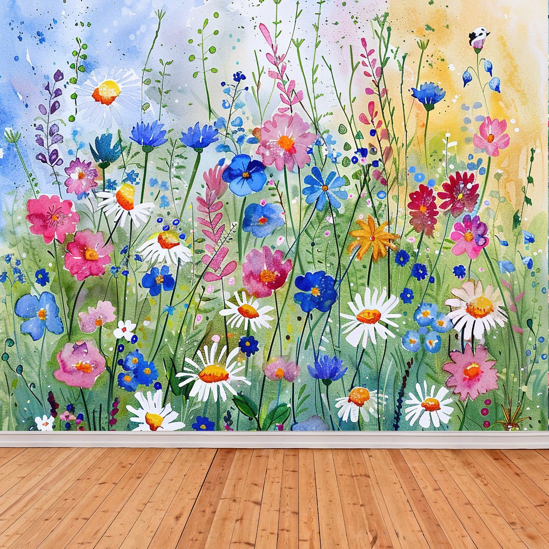 Wildflower Mural, Floral Wallpaper Mural, Canvas Textured Vinyl Peel ...