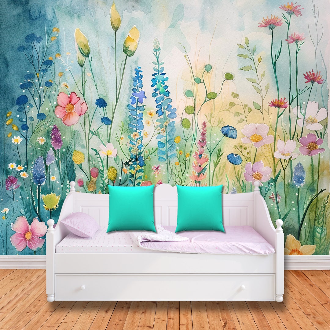 Blue Wildflower Wall Mural Peel and Stick Mural Wallpaper Magical Girl ...