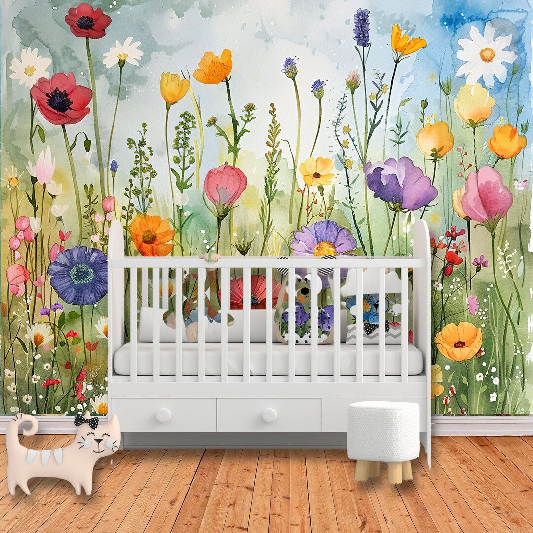 Boho Floral Wall Mural, Wildflower Mural Wallpaper, Canvas Textured ...