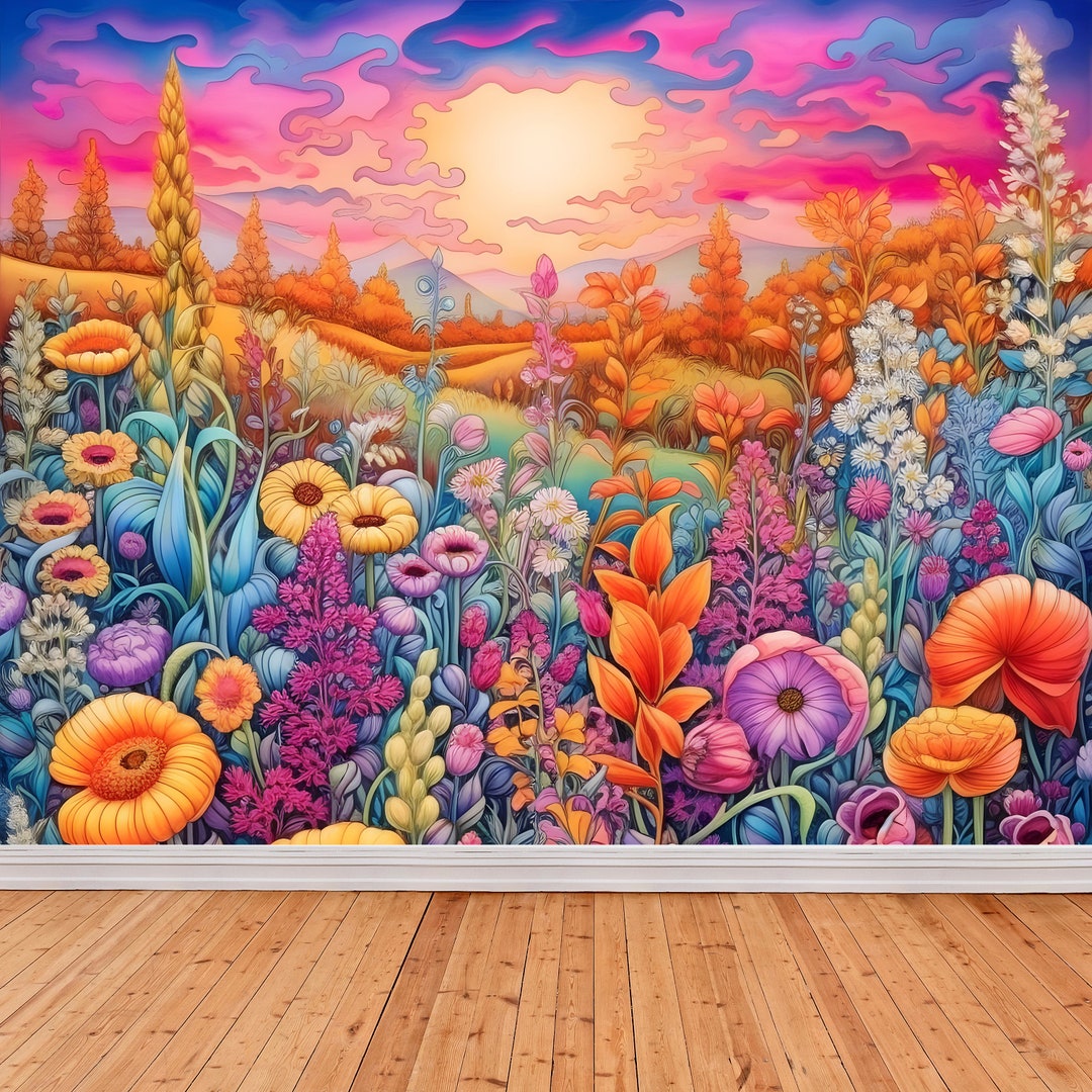Wildflower Wall Mural Wallpaper, Floral Landscape Mural, Canvas ...