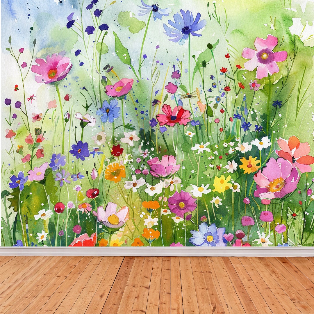 Floral Wall Mural, Wildflower Mural Wallpaper, Canvas Textured Vinyl ...