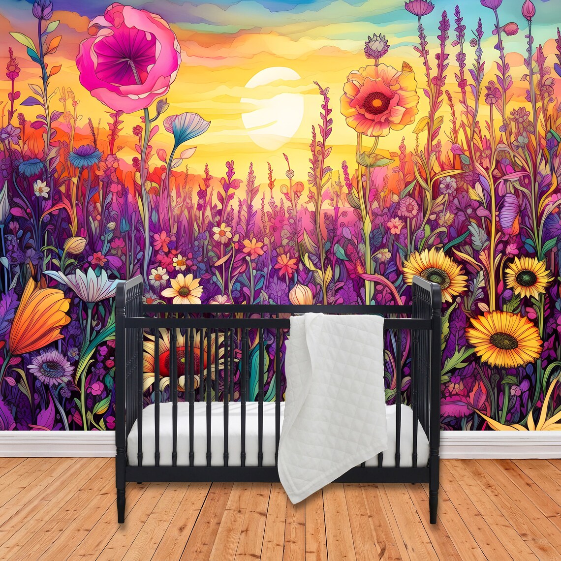 Sunset Wildflower Wallpaper Mural Floral Peel and Stick Mural Wallpaper ...