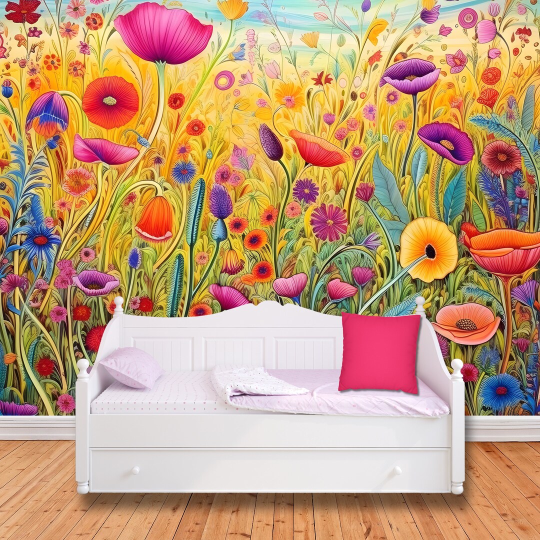 Pink Wildflower Wallpaper Mural Floral Peel and Stick Mural Wallpaper ...