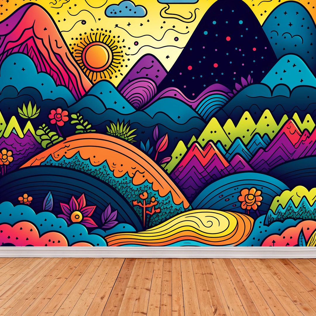 Colorful Mountain Mural, Funky Wallpaper, Canvas Textured Vinyl Peel ...
