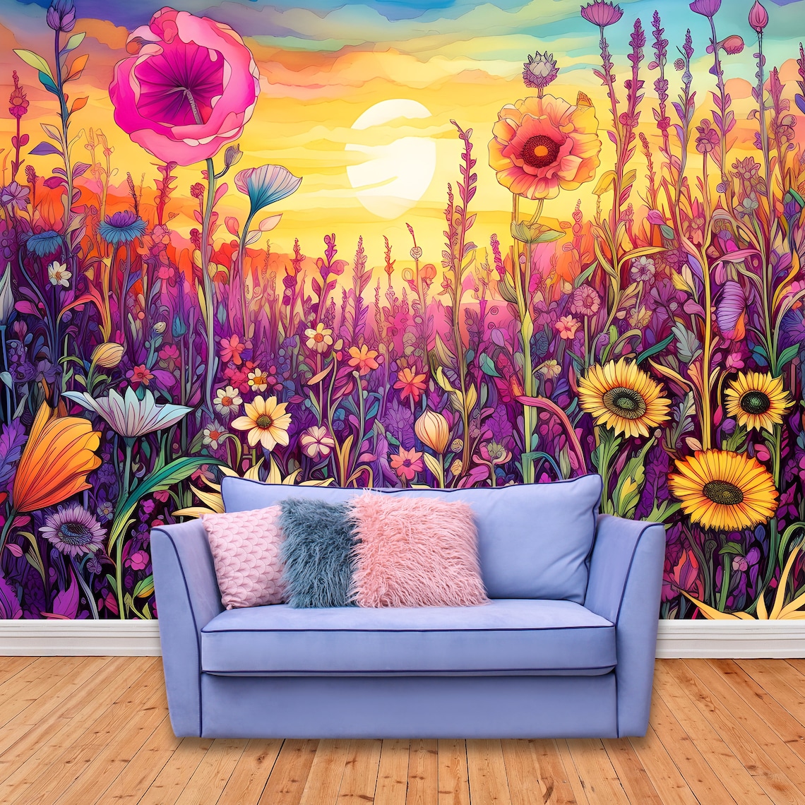 Sunset Wildflower Wallpaper Mural Floral Peel and Stick Mural Wallpaper ...