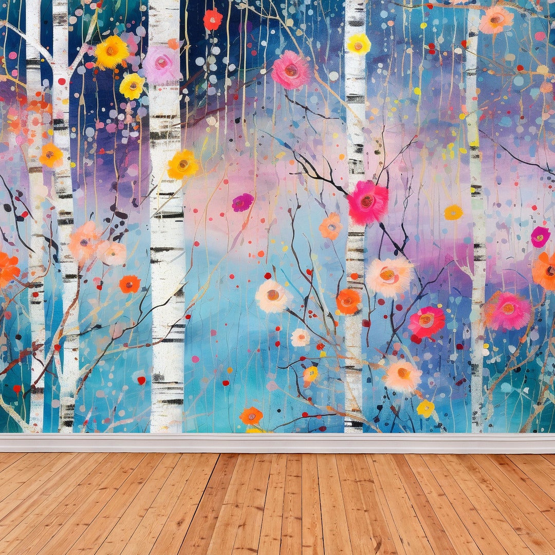 Birch Tree Forest Wall Mural Wallpaper, Canvas Textured Vinyl Peel and ...