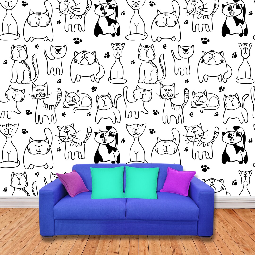 Cartoon Cat Mural Black and White Cat Wall Mural Peel and Stick Mural ...
