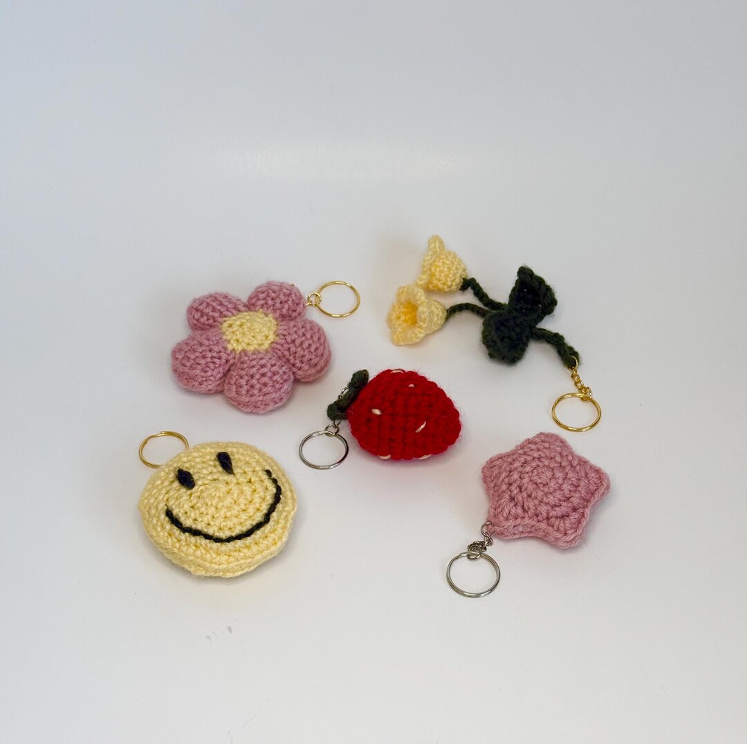 Crochet Puff Keychains, Crochet Flower Keychain, Crochet Fruit Keychain ...