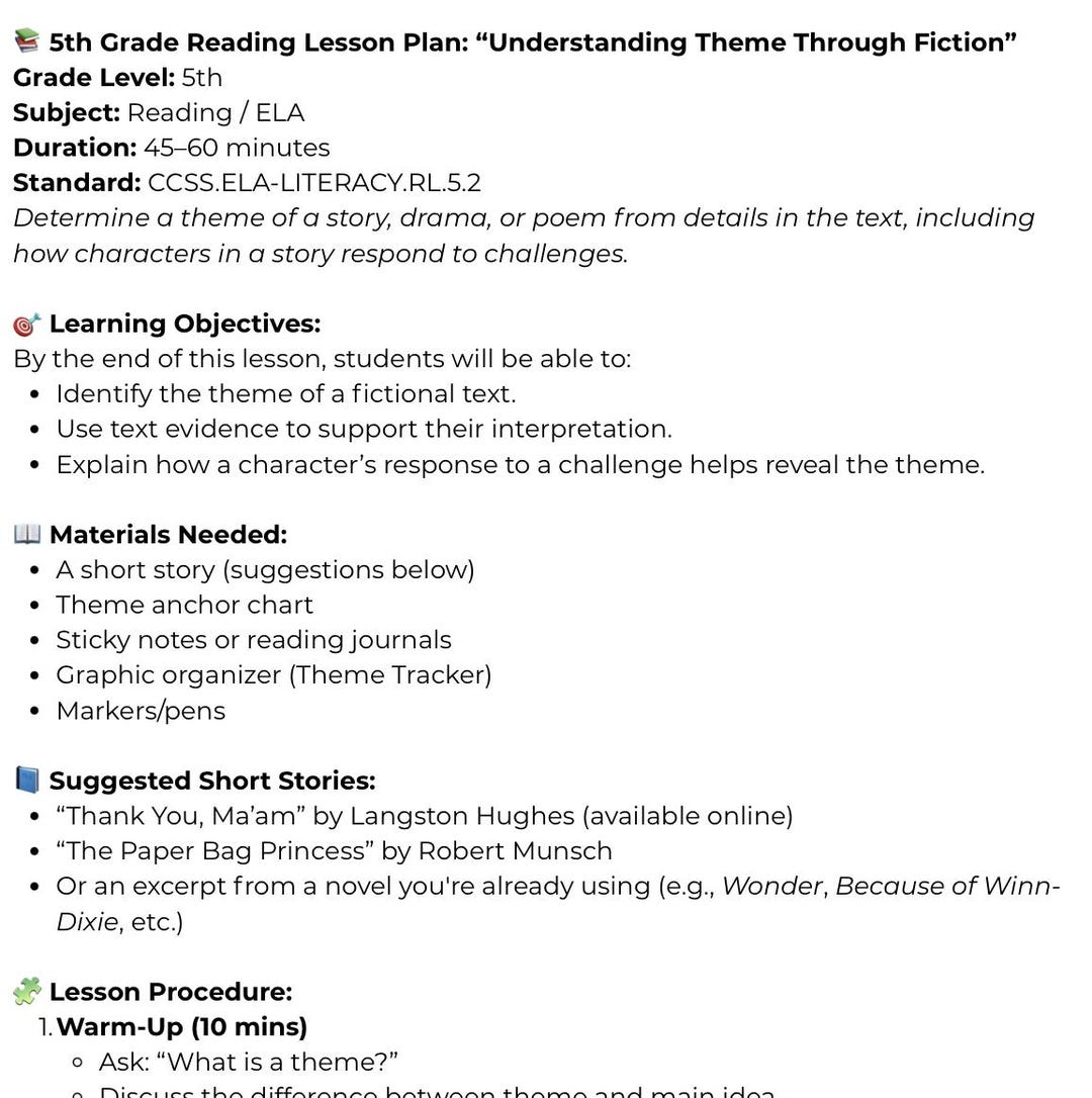 5th Grade Reading Lesson Plan - Understanding Theme Through Fiction and ...