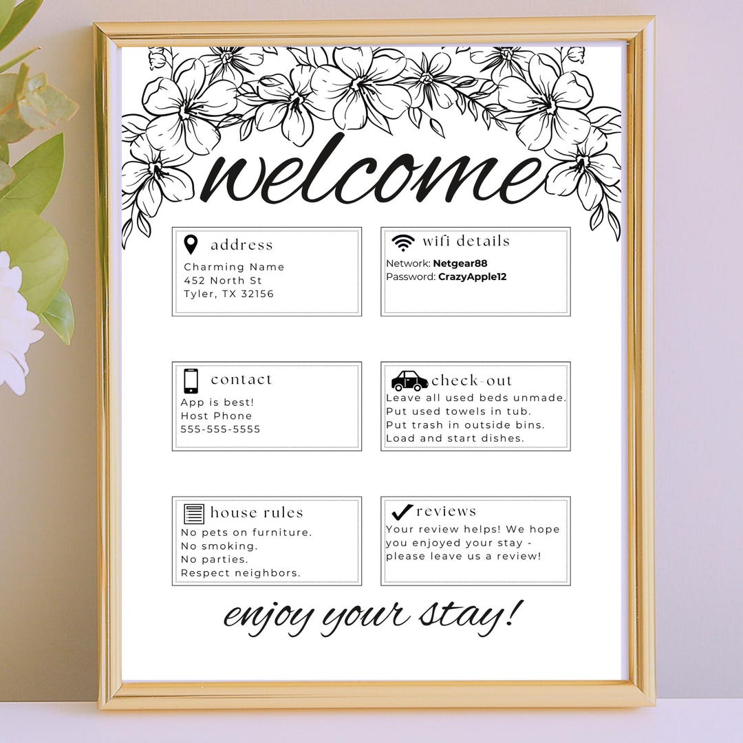 Floral Airbnb Welcome Sign Template: Customizable Guest Information ...