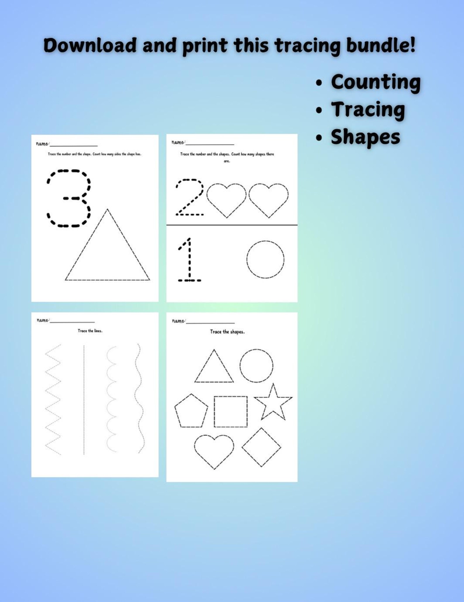 Download and Print Tracing Worksheet Bundle for Preschool Counting ...