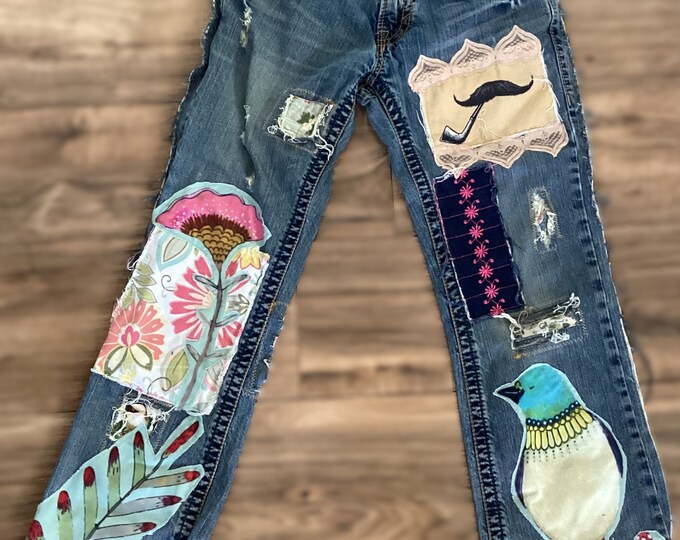Upcycled Jeans AE Bird Flowers Jeans Stars Distressed Style Jeans Boho ...