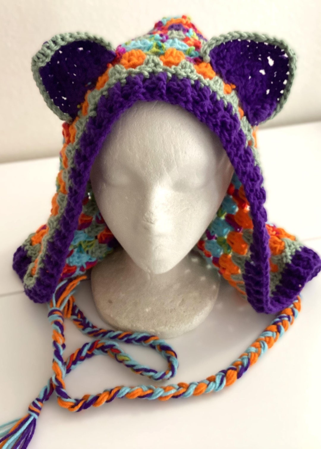 Kitty Cat Hood, Crochet Hood With Braided Tassels, Kitty Cat Ears ...
