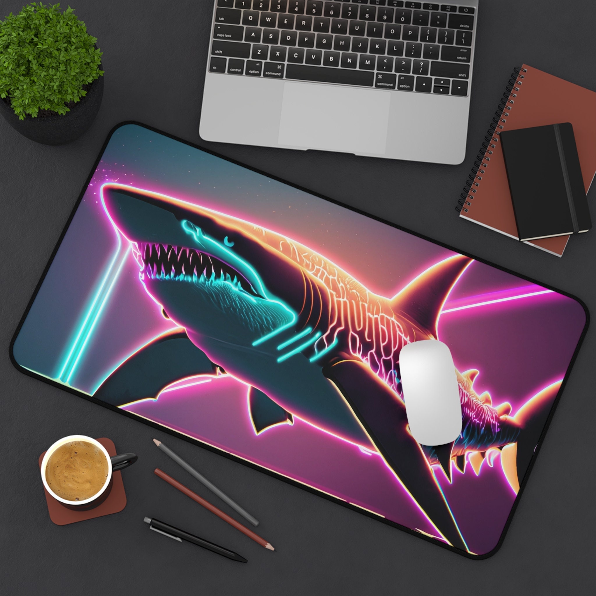 Neon Shark Desk Mat, Pink Desk Mat Aesthetic, XL Gaming Mousepad, Desk ...