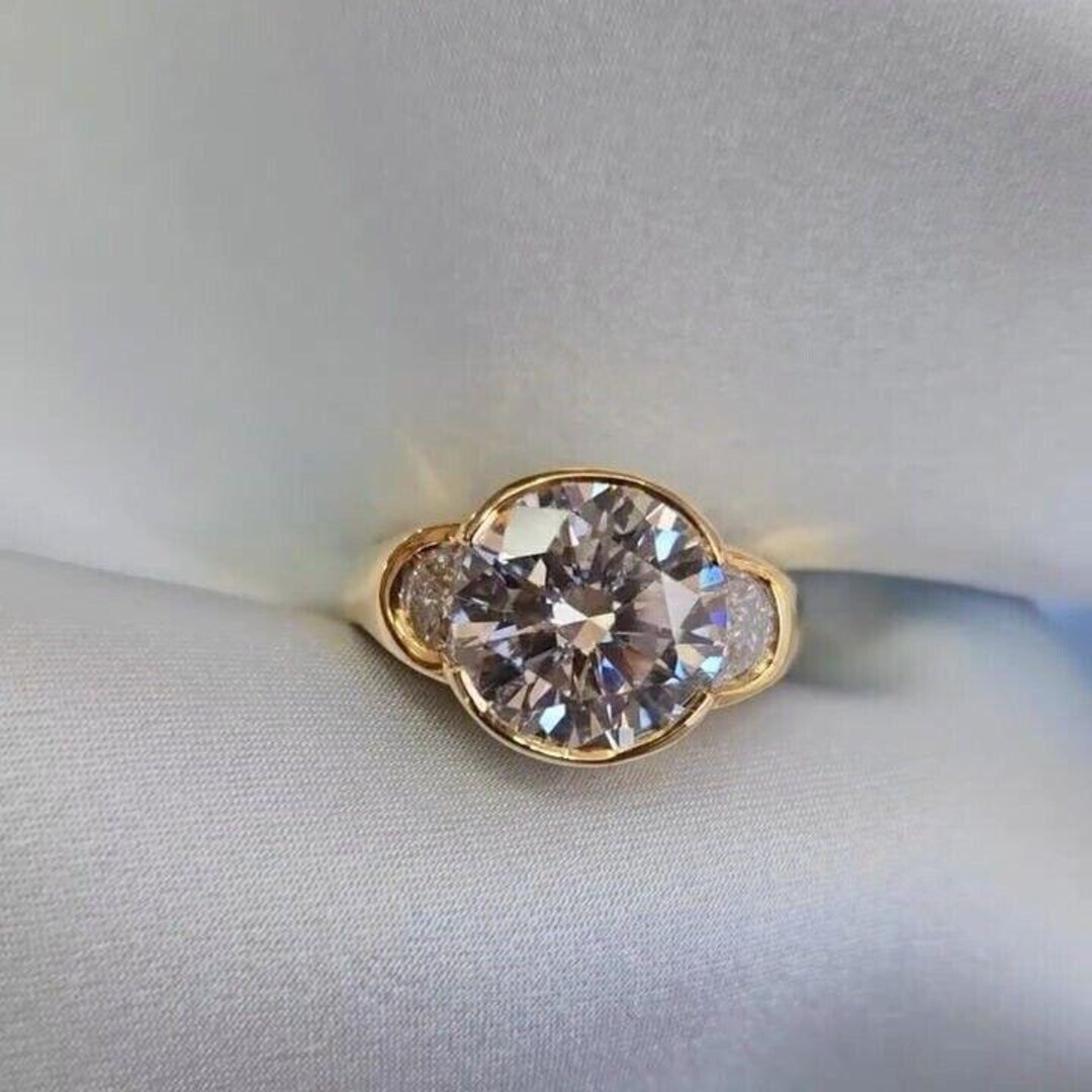 Round Brilliant Cut With Half Moon Cut Diamond Ring | Minimalist Three ...