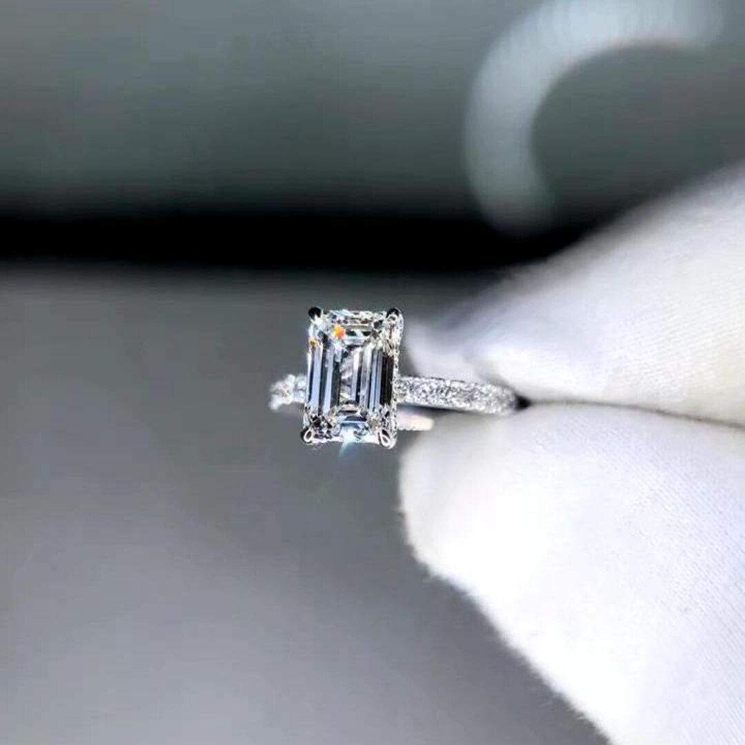 2 CT Emerald Cut Lab-grown and Moissanite Diamond Engagement Ring in 14K White Gold- Hidden Halo ...