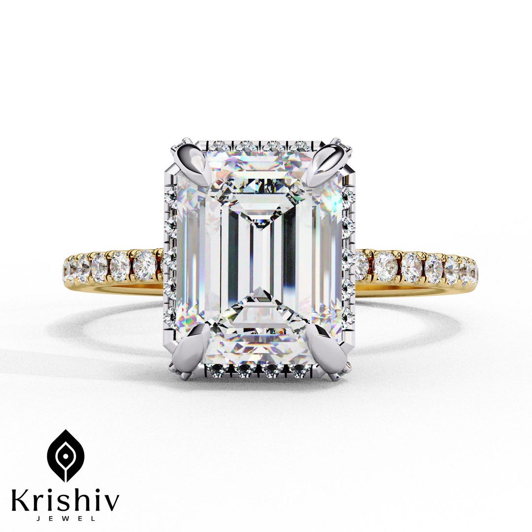 Stunning 2.47ct Emerald Cut Lab Grown Diamond Halo Ring in Yellow Gold Perfect for Anniversaries ...