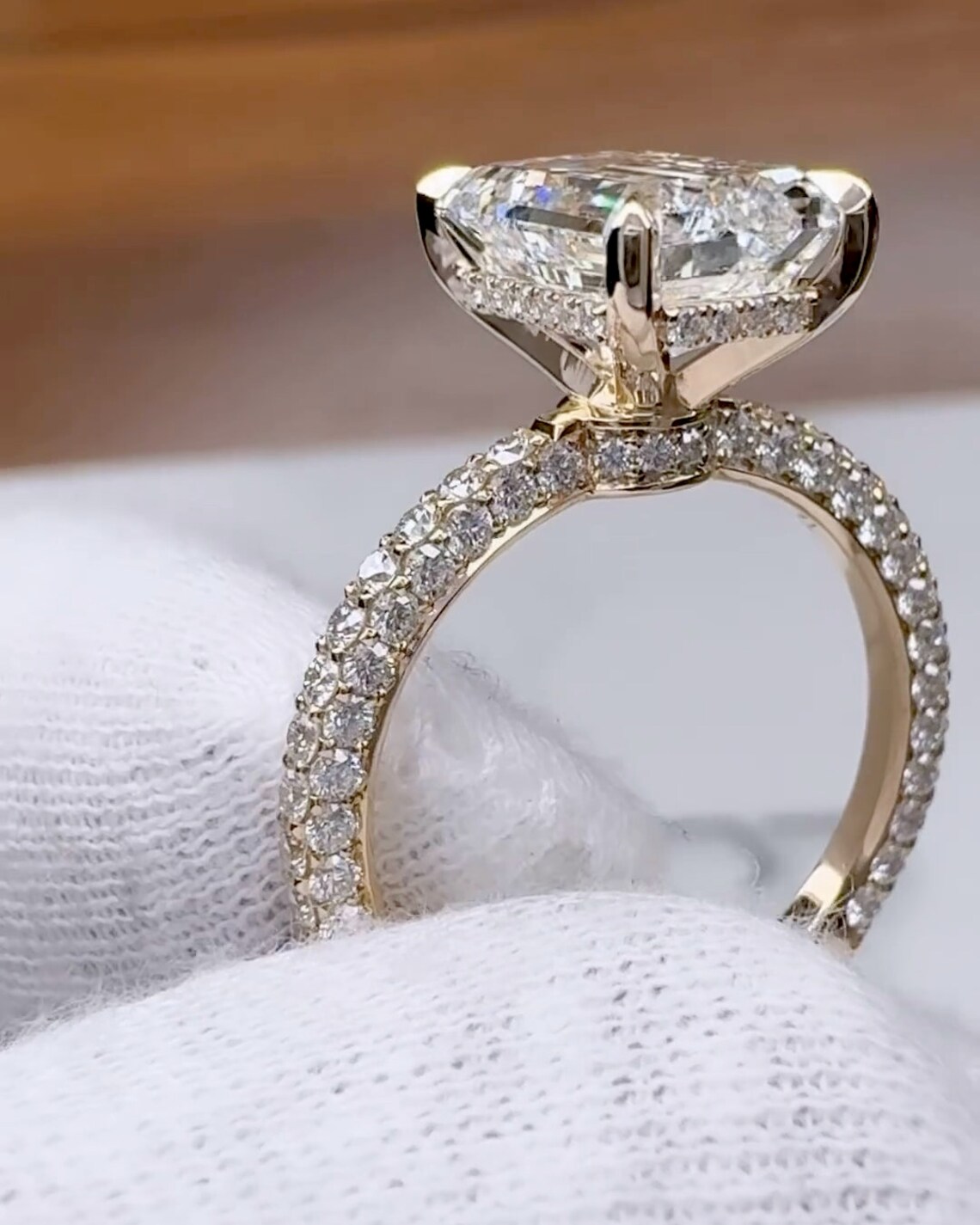 14K Solid Gold Ring Hidden Halo Wedding Ring Elongated Emerald Cut ...