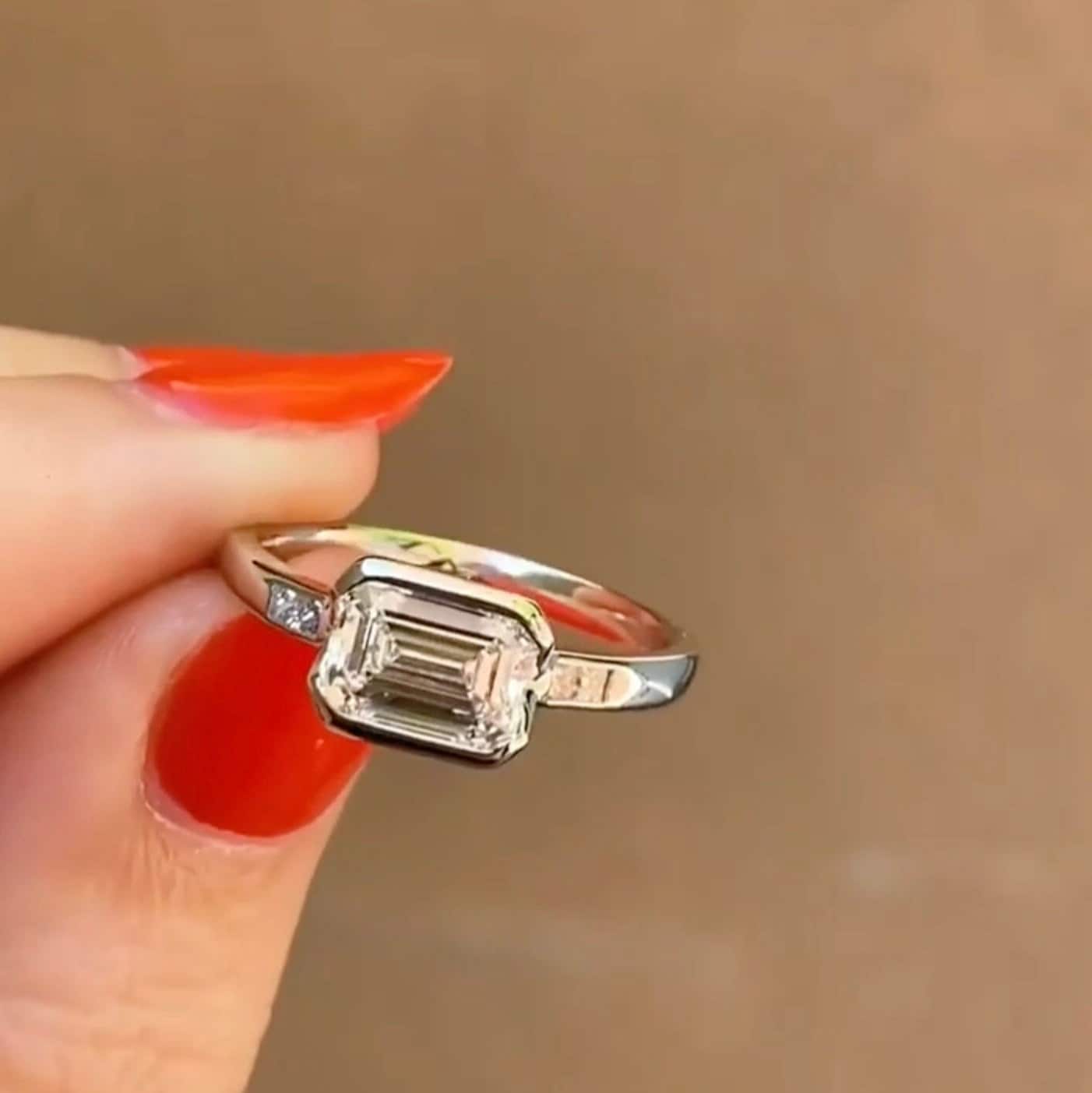 East West Emerald Cut Moissanite Diamond Half Bezel Engagement Ring ...