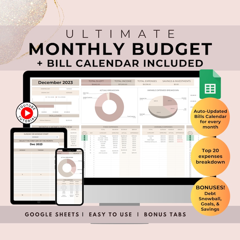 Monthly Budget Spreadsheet Google Sheets, Budget Planner, Monthly ...