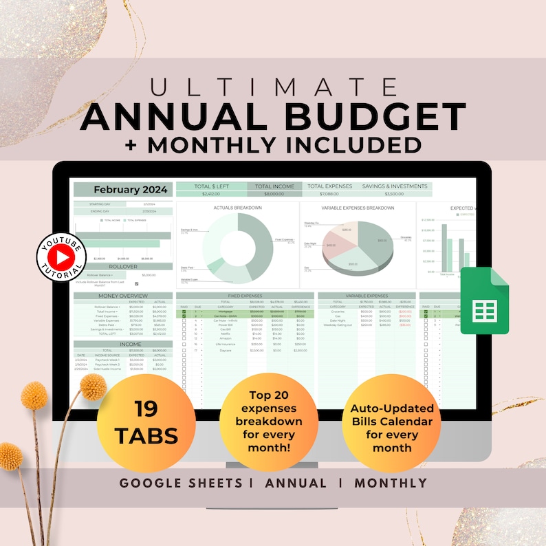 The Ultimate Annual Monthly Budget Spreadsheet Planner, Google Sheets ...