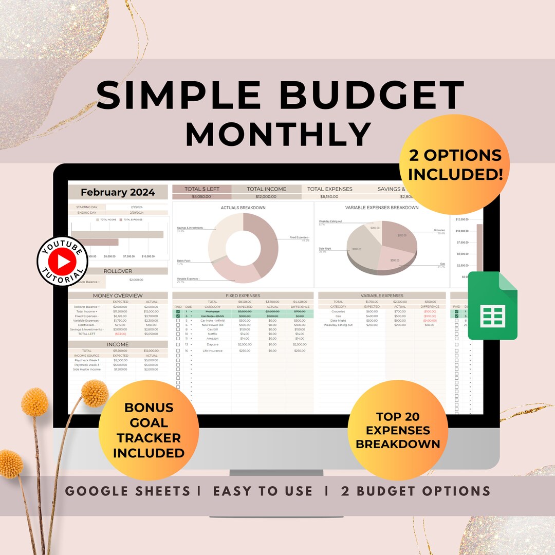 Simple Monthly Budget Spreadsheet Planner, Google Sheets Budget ...