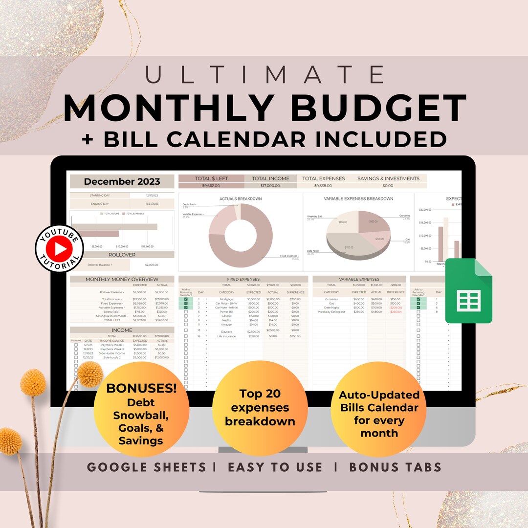 Monthly Budget Spreadsheet Google Sheets, Budget Planner, Monthly ...
