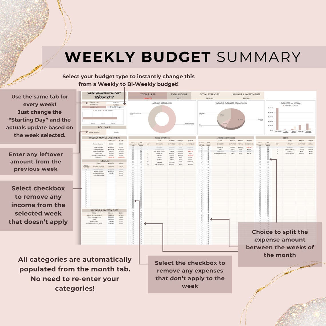 Weekly, Bi-weekly, Monthly Budget Spreadsheet Planner, Google Sheets ...