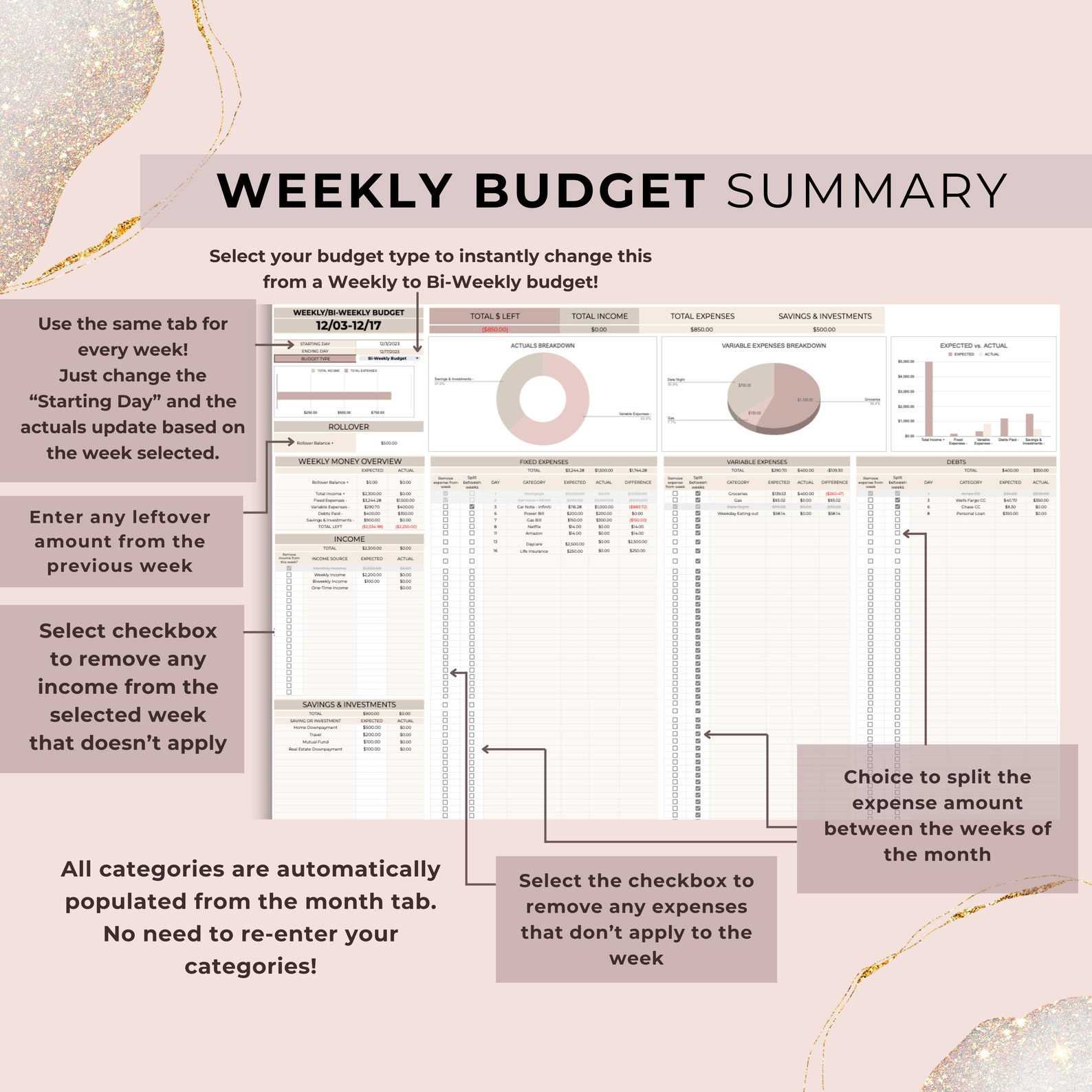 Weekly, Bi-weekly, Monthly Budget Spreadsheet Planner, Google Sheets ...