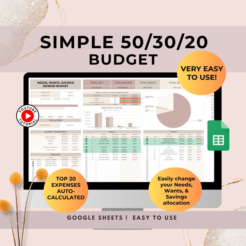 Simple 50/30/20 Budget Spreadsheet, Google Sheets Template Weekly ...