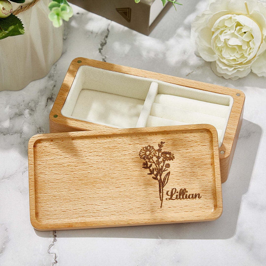 Personalised Birth Flower Jewellery Box Custom Name Jewellery Organizer ...