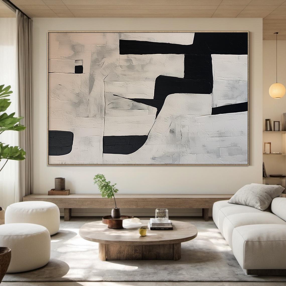 Large Blocky Black Abstract Texture Painting, White Canvas Painting ...