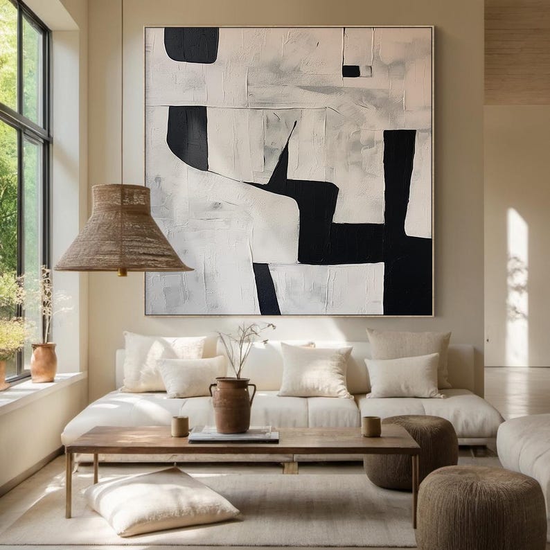Large Blocky Black Abstract Texture Painting, White Canvas Painting ...