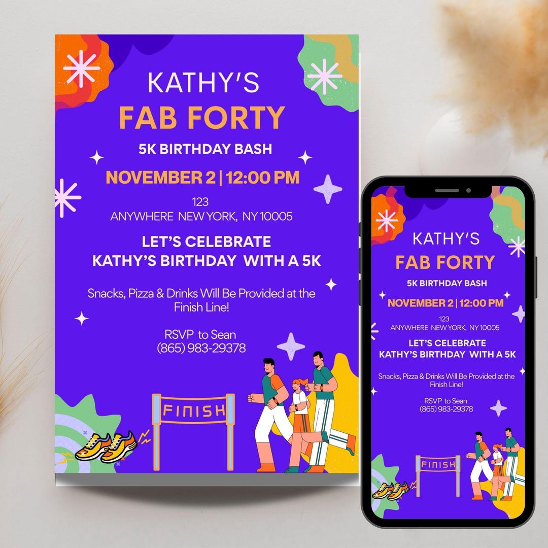 5K Birthday Invite | Fitness Birthday Party Template | Fun Run ...