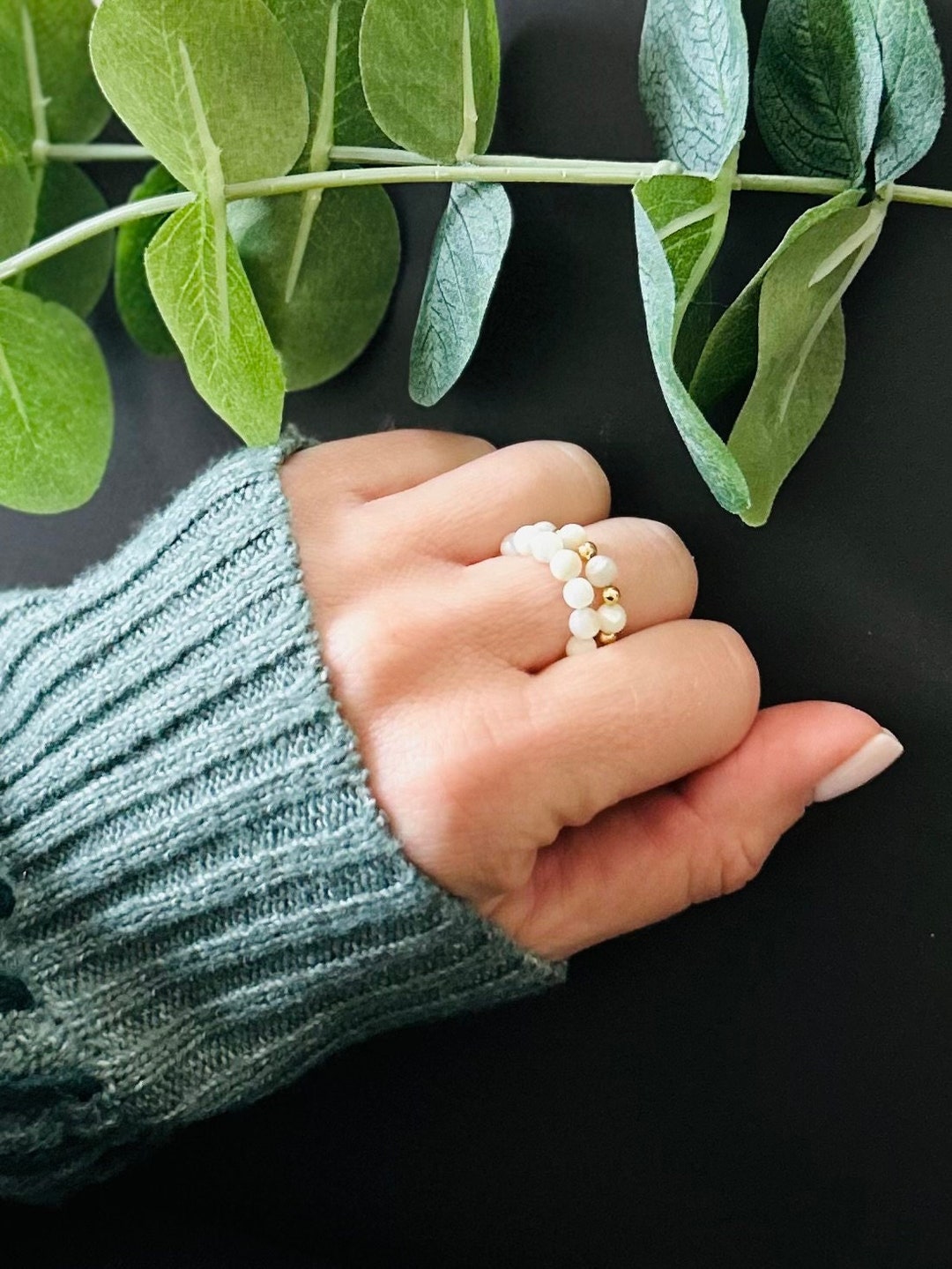 Mother of Pearl Beaded Stackable Ring, Gold Beaded Ring, Pearl Ring ...