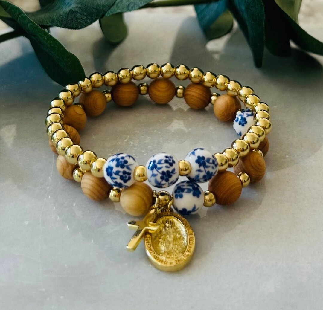 Rosary Bracelet, Blessed Virgin Mary Medal Bracelet Cross, Wood Bead ...
