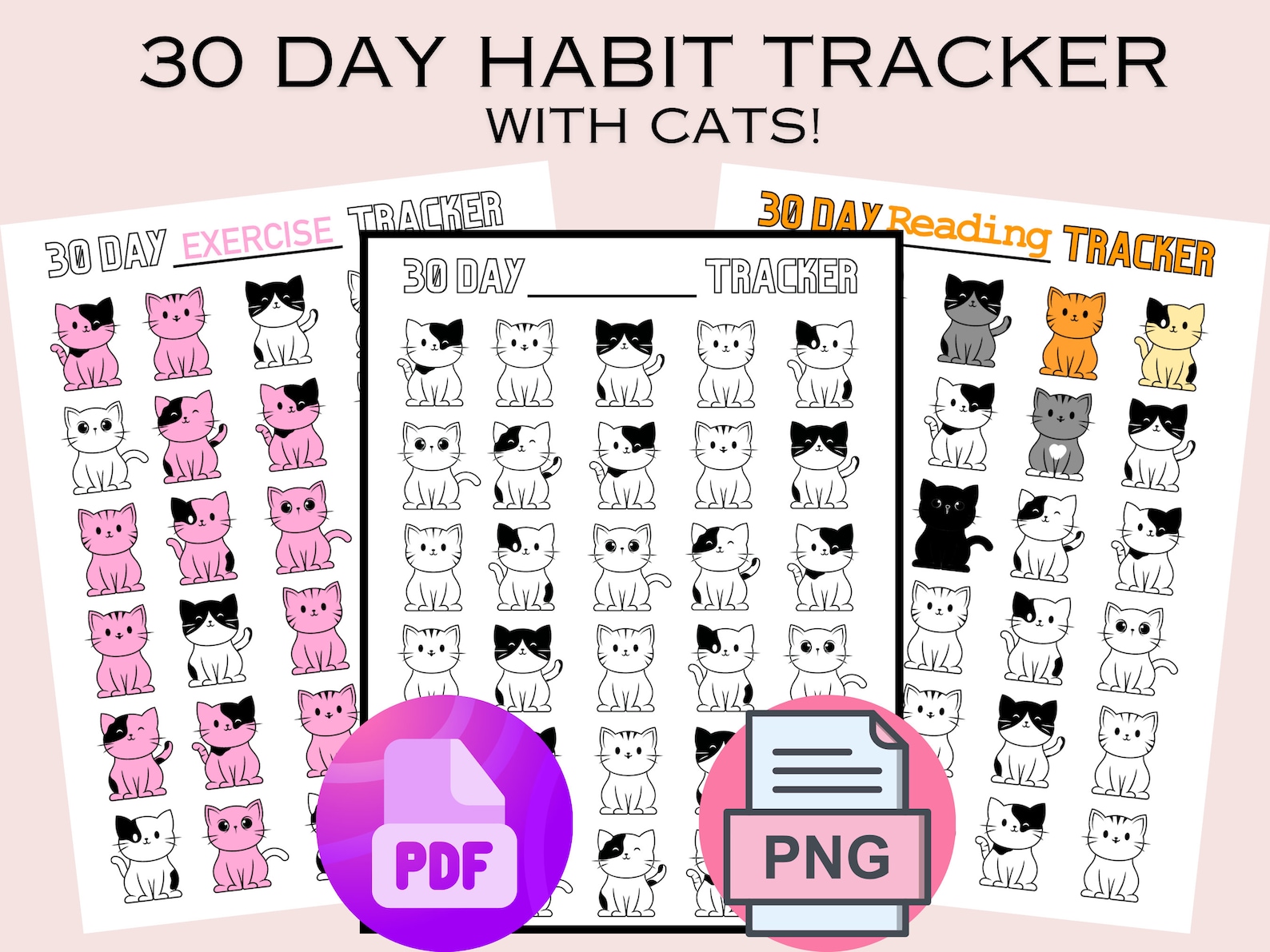 30 Day Habit Tracker Printable With Cute Cats | PDF A4 & US Letter, PNG ...
