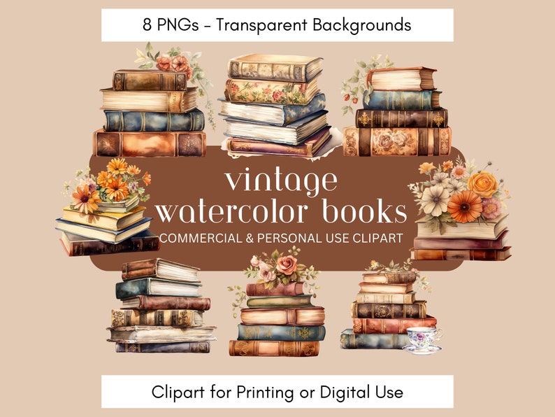 Vintage Watercolor Books PNG Images for Digital Use or Printing ...