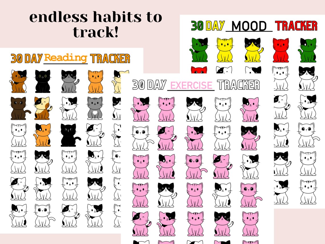 30 Day Habit Tracker Printable With Cute Cats PDF A4 & US Letter, PNG ...