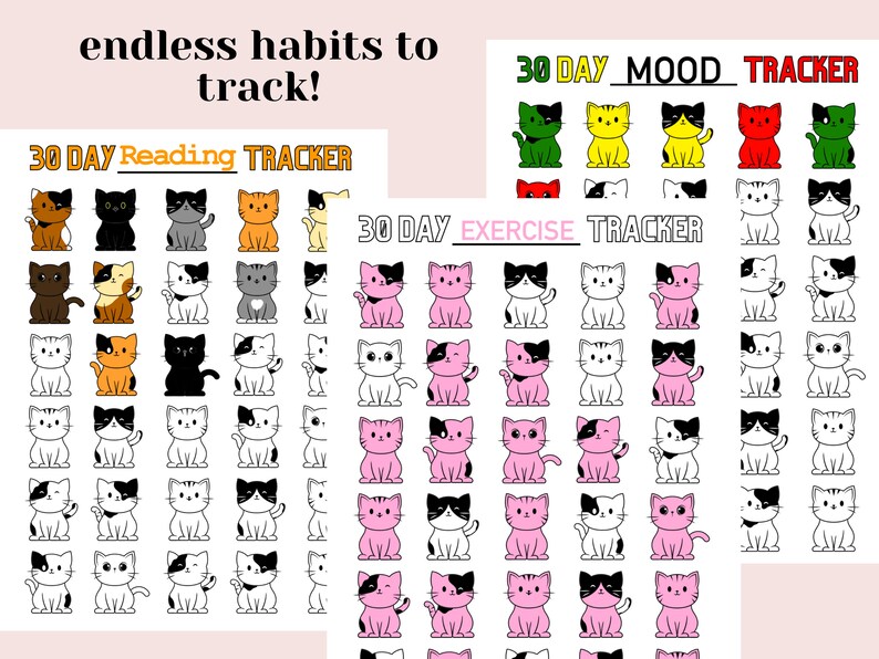 30 Day Habit Tracker Printable With Cute Cats PDF A4 & US Letter, PNG ...