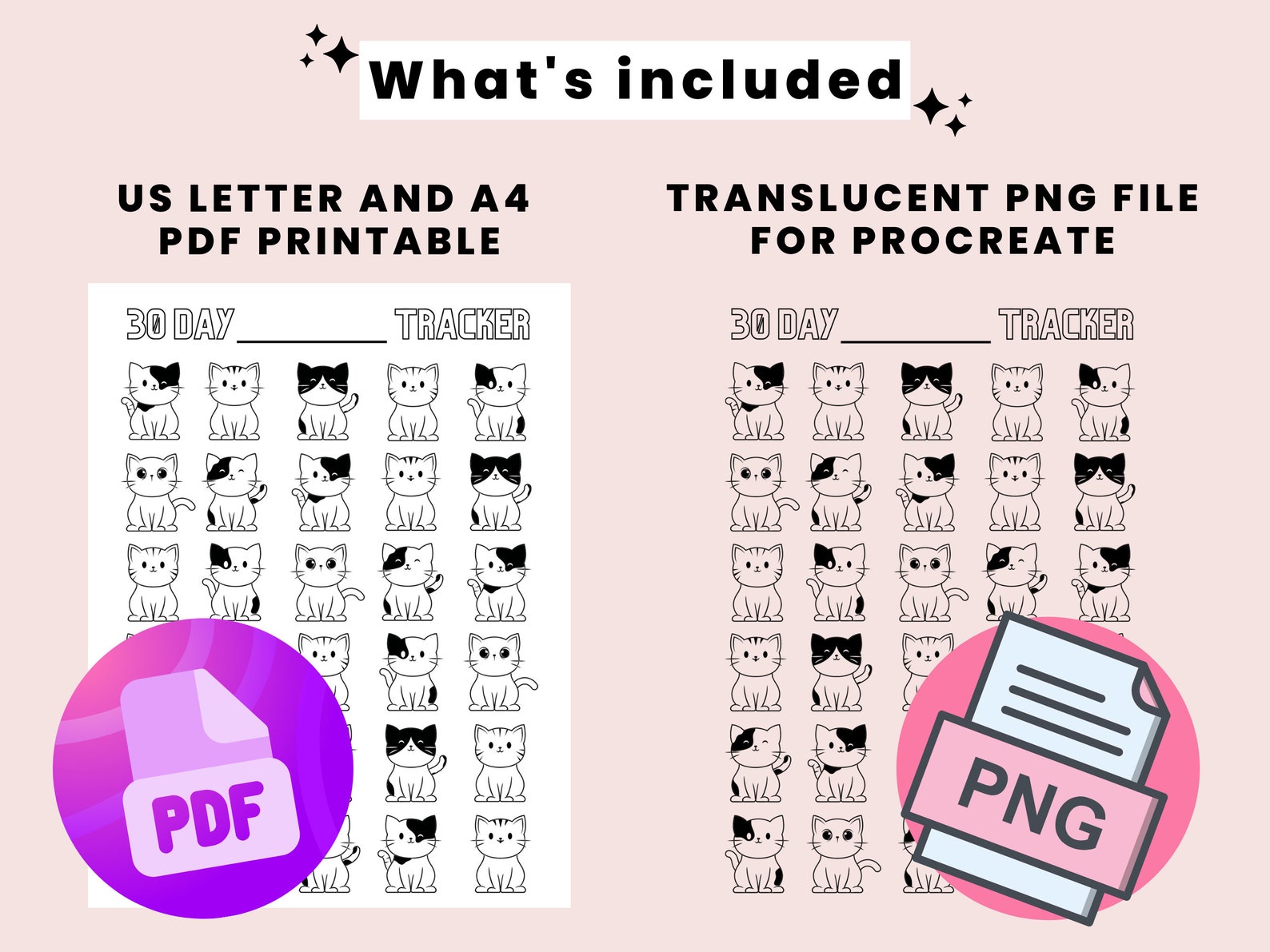 30 Day Habit Tracker Printable With Cute Cats PDF A4 & US Letter, PNG ...