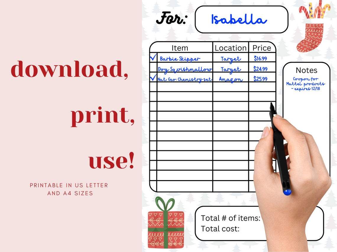 Printable Christmas Gift List | Gift List to Track Amount, Price ...
