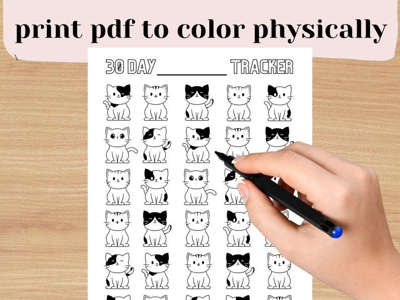 30 Day Habit Tracker Printable With Cute Cats PDF A4 & US Letter, PNG ...