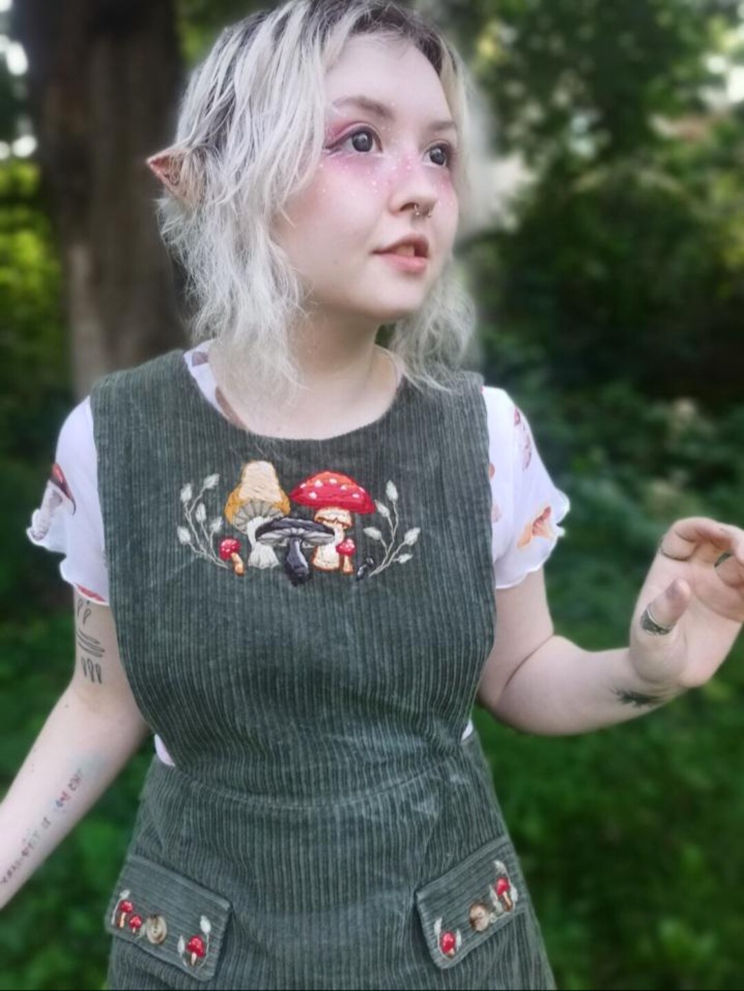 Mushroom Embroidered Pinafore Overalls Skirt Cottagecore Hand Made - Etsy