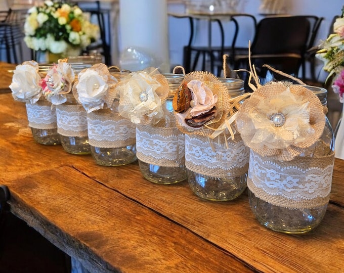 Set of 6 or 12 Mason Jar Table Centerpiece With Lace Sleeves and ...