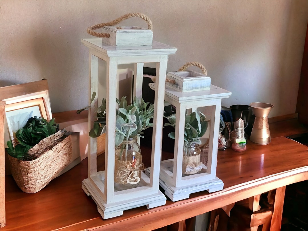 Set of 2 Distressed White Rustic Wooden Lantern for Candle Holder ...
