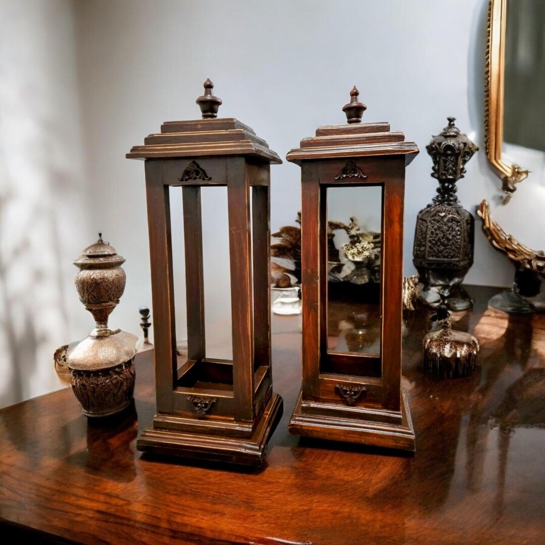 Set of 2 ~ Rustic Farmhouse Style Wooden Lantern, Floor/vanity Lanterns ...